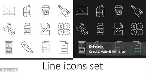 라인 파일 문서 Cmyk 색상 혼합 커피 컵 프린터 잉크 병 가위 명함 찢어진 및 아이콘을 설정합니다 벡터 Cmyk에 대한 스톡