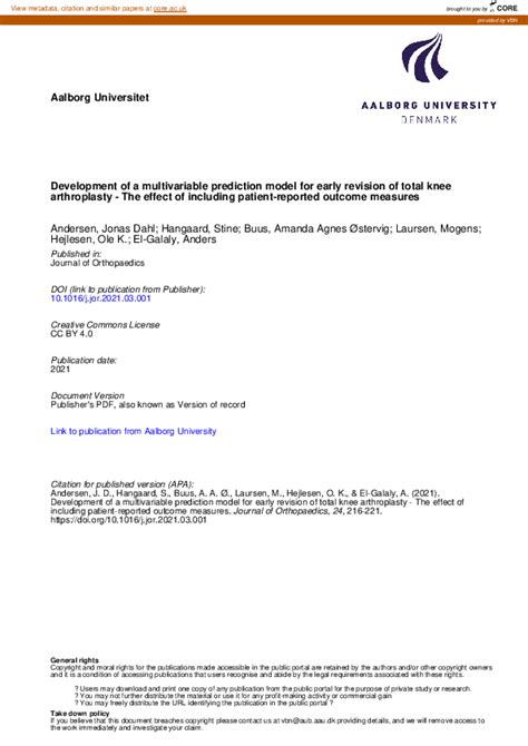 Pdf Development Of A Multivariable Prediction Model For Early Revision Of Total Knee