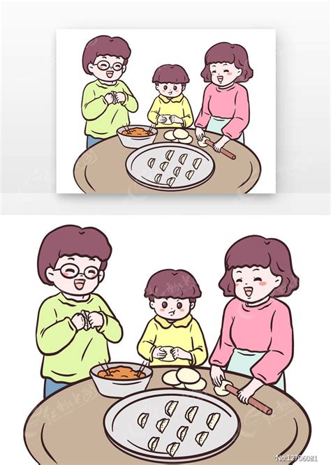 手绘卡通一家人包饺子图片下载红动中国