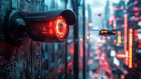 Surveillance Camera In Cyberpunk City Generative Ai Stock Illustration