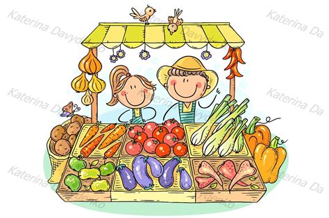 Farmers Selling Organic Vegetables At The Market Easy Drawings