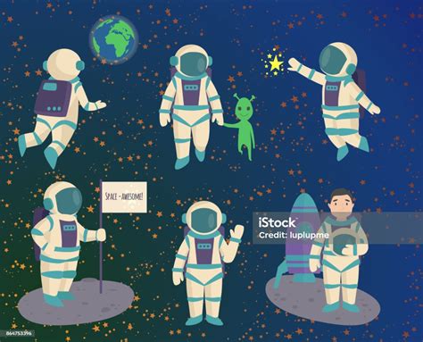 우주 비행사 공간에서 문자 작업 재미 벡터 우주인은 분위기 시스템 판타지 여행자 남자 계획에 대한 스톡 벡터 아트 및 기타 이미지 계획 고립 색상 공중 Istock