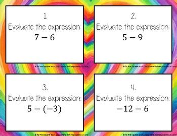 Subtracting Integers Task Cards By To The Square Inch Kate Bing Coners