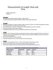 Physics Lab 1 Docx Measurement Length Mass Volume Density And Time Measurements Of Length