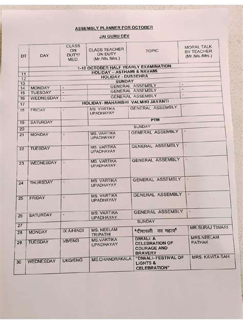 Assembly And Activity Planner October Pdf