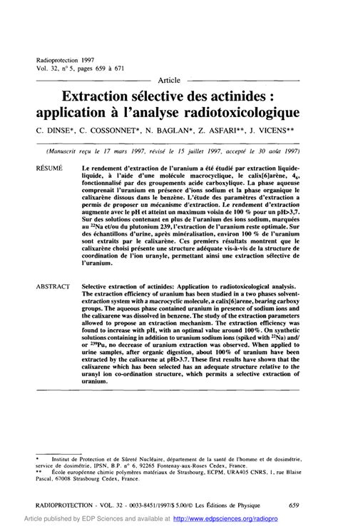 Pdf Extraction Sélective Des Actinides Application à Lanalyse Radiotoxicologique