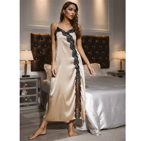 Womens Satin Lace Trim Maxi Chemise Pajama Slip Dress Bridal