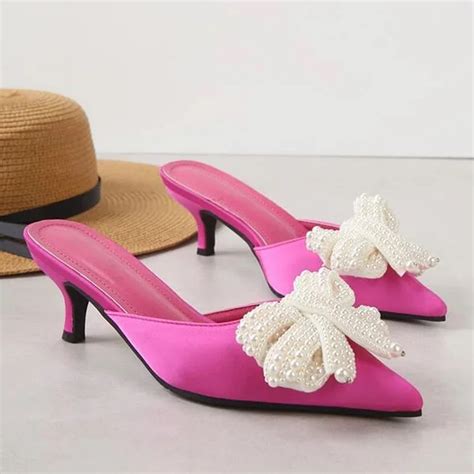 Hot Pink Kitten Heel Pearls Bow Pumps Vdcoo
