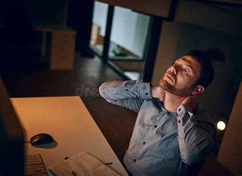 Business Man And Neck Pain In Office At Night With Burnout Overtime