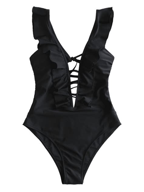 Zaful Lattice Criss Cross Ruffle Swimsuit Tummy Control Swimwear Bee