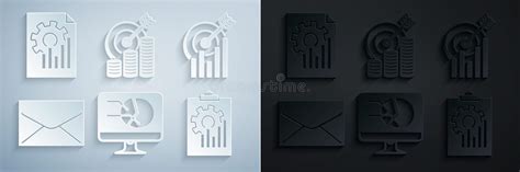 set computer monitor with graph chart target envelope clipboard