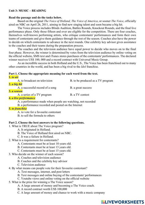 Unit 3: Reading Practice worksheet | Live Worksheets