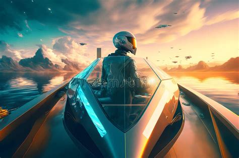 Ship Captain On A Modern Futuristic Boat Transport At Sea Neural Network Generated Art Stock