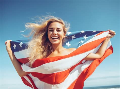 Young Smiling Woman Holding Usa Flag In Her Hands On Blue Sky Background Premium Ai Generated
