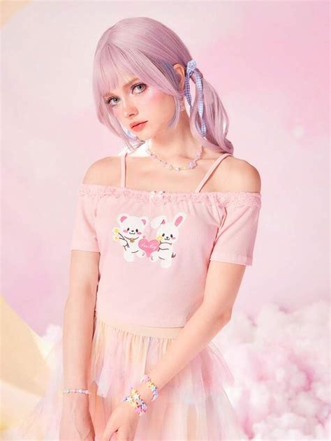 Kawaii Cartoon Graphic Lace Trim Cold Shoulder Tee Shein Usa