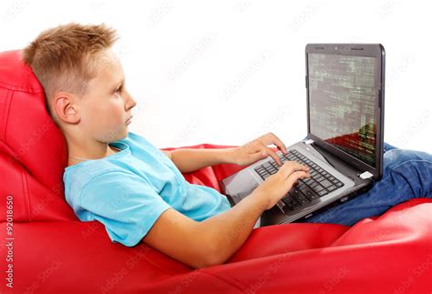 Nerd Typing On Keyboard Of Laptop Hacker Work On Screen With Symbols Fall Down Stock Photo