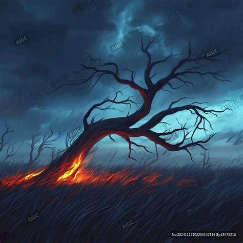 Ai创作图火烧插画 死亡之树 树干像着火 树枝状闪电 过火树木 树状闪电 傍晚枯树 黄昏枯树 火烧树 火焰景观 烧树 落日枯树 被困住的火热内心 烧死的树 火焰森林 昵图网