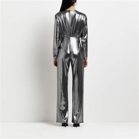 Silver Wide Leg Long Sleeve Jumpsuit Long Sleeve Jumpsuit Prom
