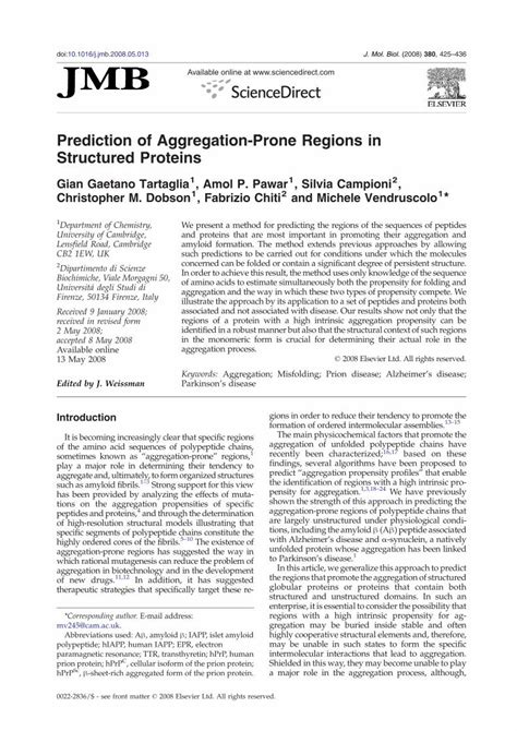 Pdf Prediction Of Aggregation Prone Regions In Prediction Of Aggregation Prone Regions In