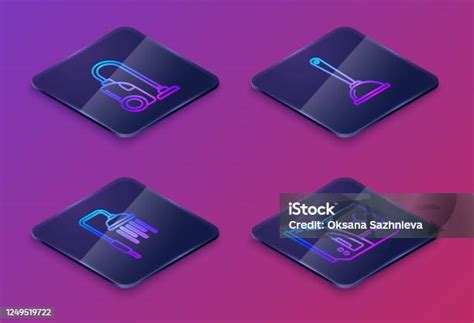 설정 등도 라인 진공 청소기 물 방울흐르는 샤워 헤드 화장실 플런저와 전기 철과 수건 파란색 정사각형 버튼 벡터 3차원 형태에 대한 스톡 벡터 아트 및 기타 이미지 Istock