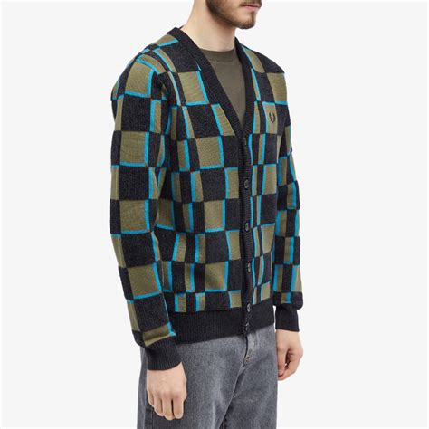 Fred Perry Glitch Chequerboard Cardigan Uniform Green And Black End Hk