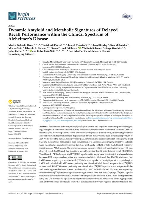 Pdf Dynamic Amyloid And Metabolic Signatures Of Delayed Recall