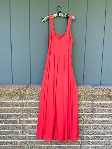 Vintage Slinky Red Lace Long Nightgown Montgomery Ward Etsy