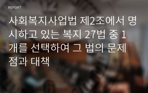 사회복지사업법 제2조에서 명시하고 있는 복지 27법 중 1개를 선택하여 그 법의 문제점과 대책 레포트