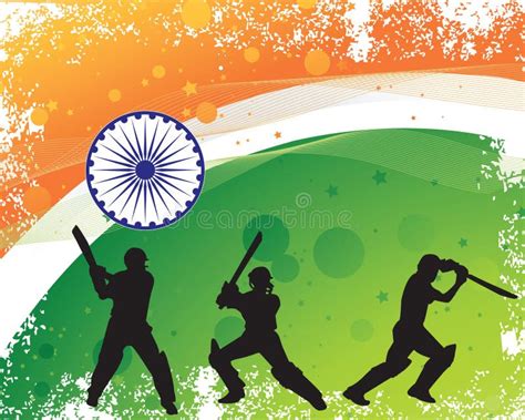 Cricketer Silhouette On Grunge Indian Flag Colors Stock Illustration