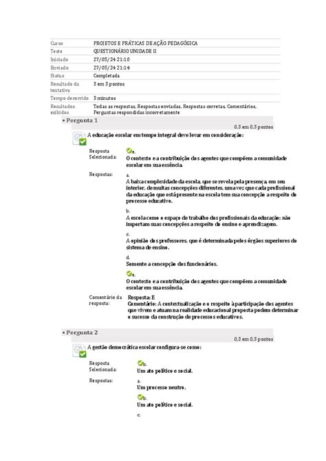 Projetos E PrÁticas De AÇÃo PedagÓgica QuestionÁrio Unidade Ii Curso