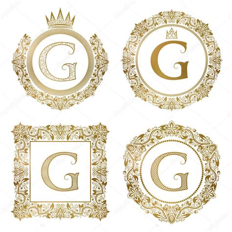 Conjunto De Monogramas Vintage Letra G Dorada Abrigos Heráldicos