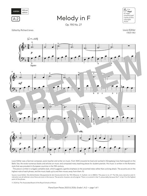 Louis Köhler Melody in F Grade list A from the ABRSM Piano Syllabus Sheet