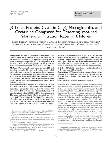 Pdf β Trace Protein Cystatin C β2 Microglobulin And Creatinine