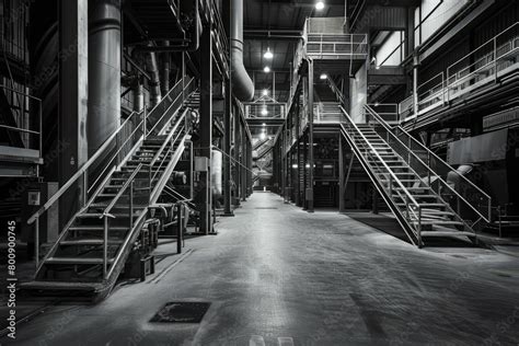 Black And White Factory Interior With Stairs And Catwalks Stock