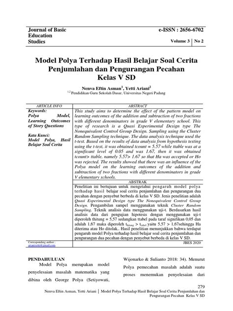 Pengaruh Model Polya Terhadap Hasil Belajar Soal Cerita Penjumlahan Dan Pengurangan Pecahan