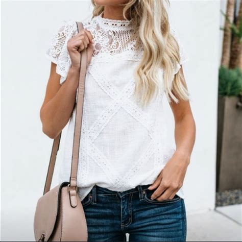 Tops White Boho Border Lace Flutter Sleeve Blouse New Poshmark