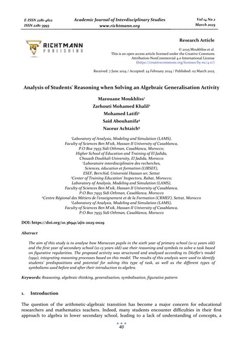 Pdf Analysis Of Students Reasoning When Solving An Algebraic Generalisation Activity