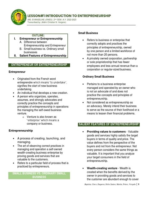 Lesson 1 Intro To Entrepreneurship Pdf Entrepreneurship Small