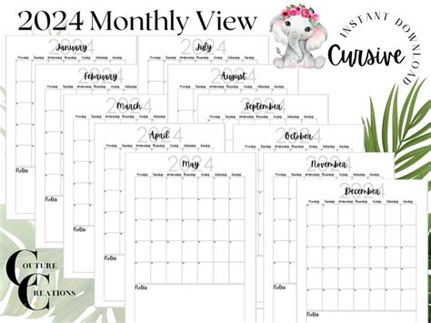 Cursive 2024 Dated Month In View With Notes Section Printable And