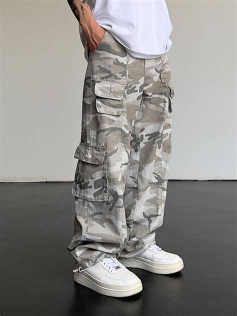Mens Gray Camo Straight Leg Cargo Pants Casual Cargo Pants Pants