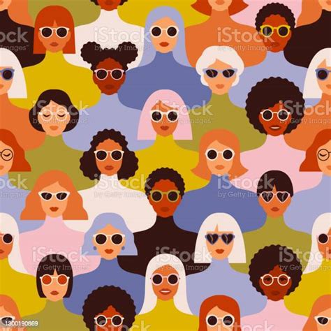 다른 민족의 다양한 얼굴은 원활한 패턴 여성 권한 부여 운동 패턴 벡터에서 국제 여성의 날 그래픽 여자에 대한 스톡 벡터 아트