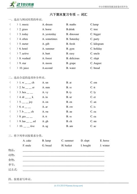 人教版pep六年级下册期末复习专项 词汇（含答案） 21世纪教育网