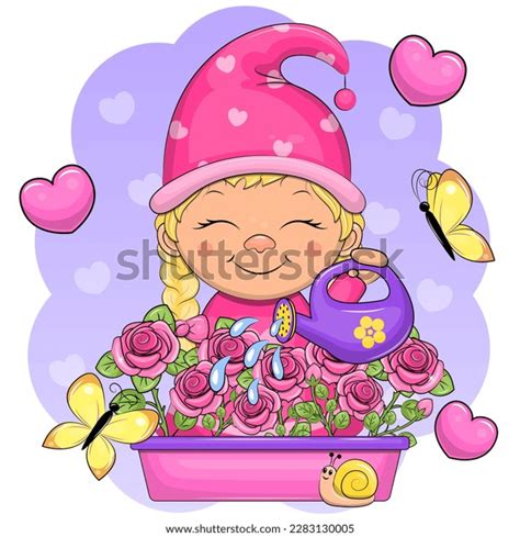 Cute Cartoon Gnome Girl Watering Flowers Stock Vector Royalty Free