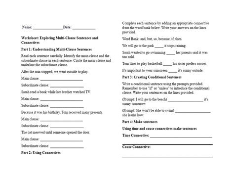 Exploring Multi Clause Sentences And Connectives Worksheet Pdf