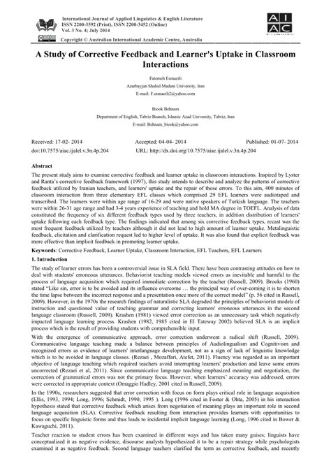 Pdf A Study Of Corrective Feedback And Learners Uptake In Classroom