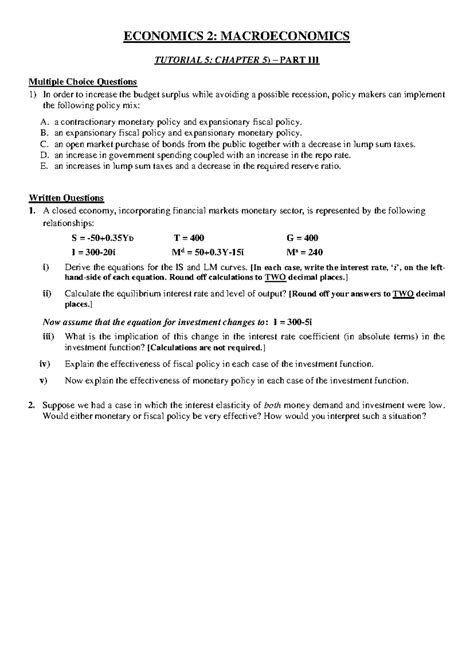 Macro Tutorial 5 Chapter 5part 3 Economics 2 Macroeconomics Tutorial 5 Chapter 5