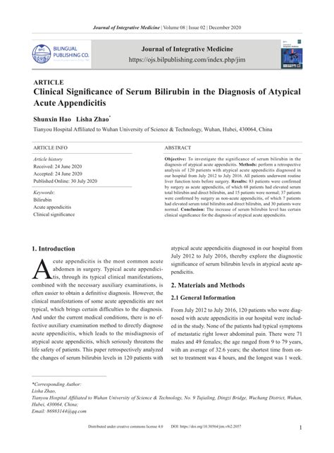 Pdf Clinical Significance Of Serum Bilirubin In The Diagnosis Of Atypical Acute Appendicitis