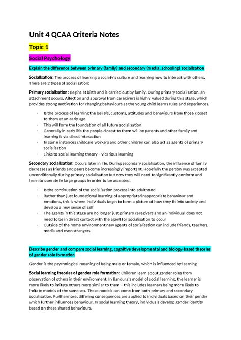 Unit 4 Qcaa Criteria Notes Unit 4 Qcaa Criteria Notes Topic 1 Social Psychology Explain The