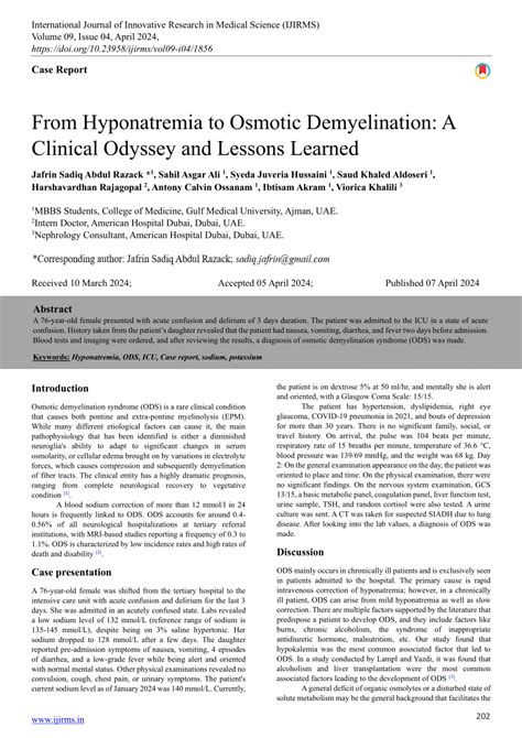 Pdf From Hyponatremia To Osmotic Demyelination A Clinical Odyssey And Lessons Learned