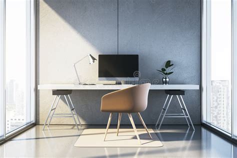 Modern Minimalist Workspace With Desk Chair Computer And Lamp In